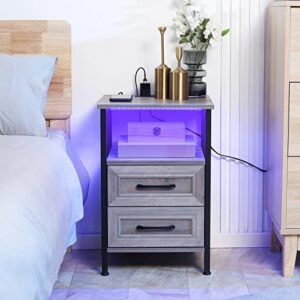 hoseoka night stand charging station and rgb lights for night side table nightstand with usb ports and outlets grey night stand table with drawers farmhouse nightstand for bedroom