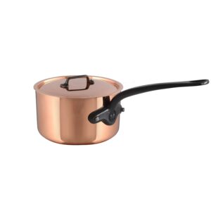 mauviel m'heritage m200ci 2mm polished copper & stainless steel sauce pan with lid, and cast iron handle, 2.6-qt, made in france