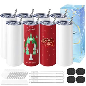 hiipoo 8 pack sublimation tumblers bulk 20 oz straight skinny with sublimation papers, lids and straws, shrink wrap, sublimation tumbler cups for tumbler heat press and heat transfer