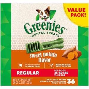 greenies regular natural dog dental treats, sweet potato flavor, 36 oz. pack (36 treats)