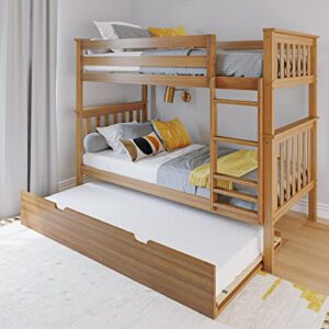 max & lily bunk bed, twin-over-twin bed frame for kids with trundle, pecan