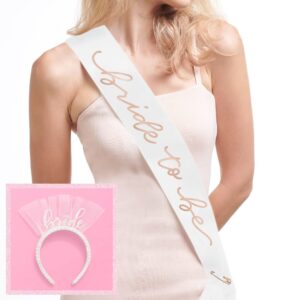 xo, fetti bachelorette party sash + bride headband - white + rose gold | bachelorette party decorations kit - sash for bride | bridal shower gift supplies