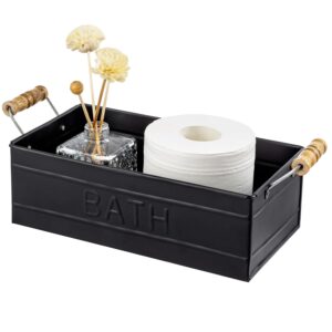 mygift matte black metal bathroom storage basket with wood handles - rectangular bath toiletries holder and organizer bin with embossed bath label - handcrafted in india