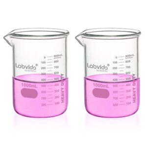 labvida heavy duty glass beakers set 2 pcs of vol.1000ml thick-walled, 3.3 boro griffin low form with double scale printed graduation for laboratories, industries, schools and home use, lvac014