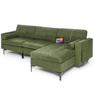 giantex 97" large couch, 3 seat sectional sofa set, l-shaped modular sleeper with convertible chaise lounge, usb ports, 3-hole socket, storage box, 2 bolsters, family apartment living room, green