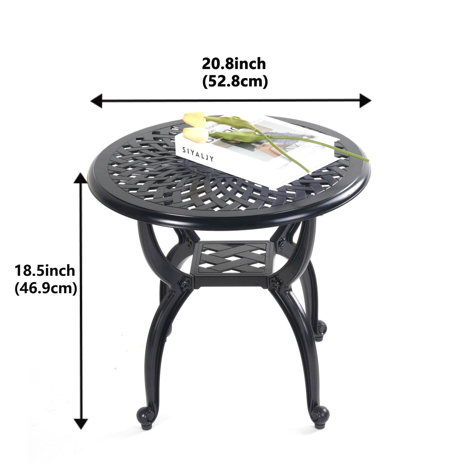 Mandolin Outdoor Patio Table,Rust -Resistant Cast Aluminum Side Table,Weather Resistant End Table，Coffee Table， Perfect for Patio, Backyard Or Garden.W 20.8" X H18.5(Aluminum Round, Black)