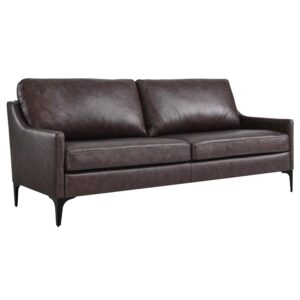 modway corland modern style leather and metal sofa in brown finish