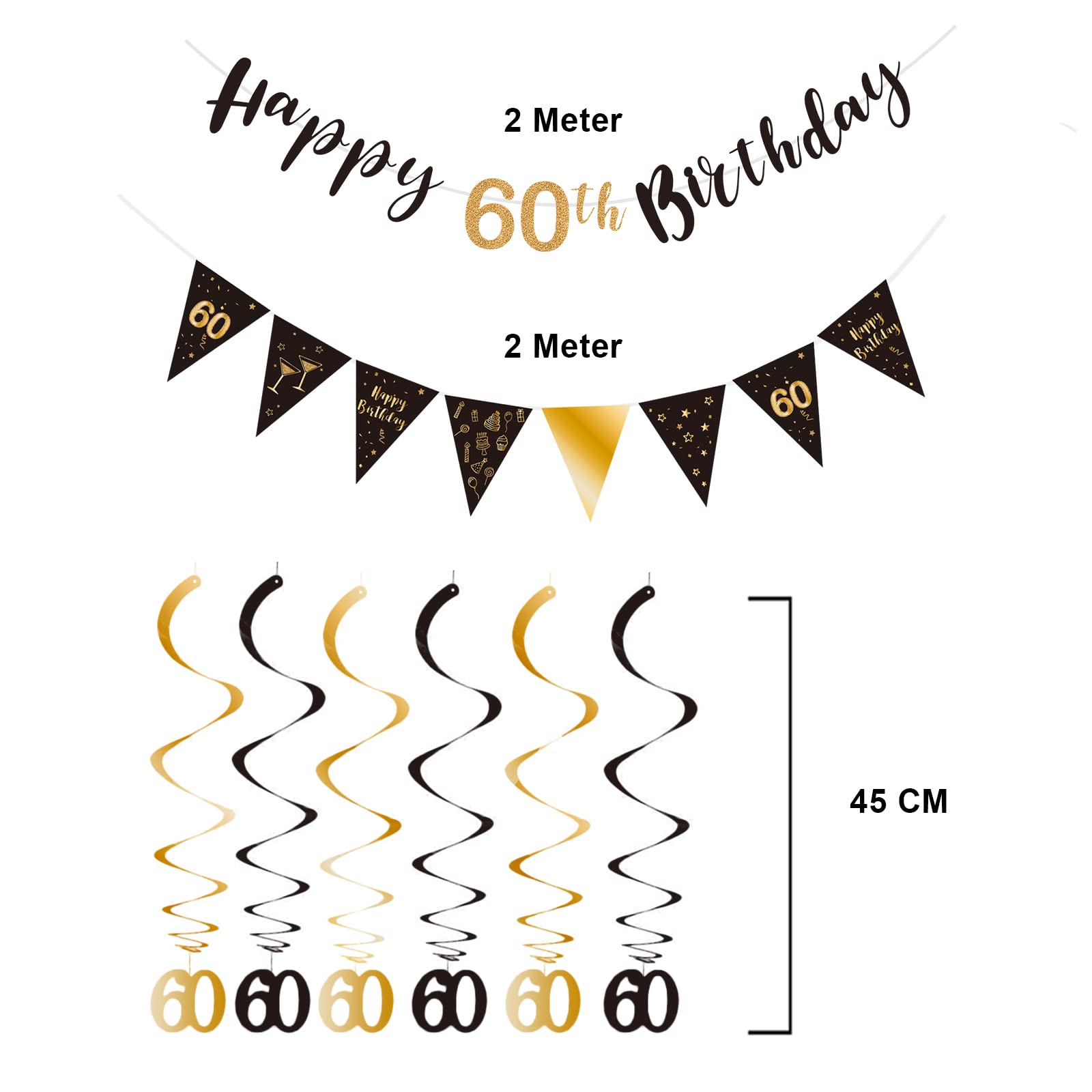 60th Birthday Decoration Kit, Happy 60th Birthday Banner Bunting Swirls Streamers, Triangle Flag Banner for Birthday Party Decorations Supplies Black and Gold 60th