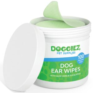 doggiez pet supplies - dog ear cleaner wipes with aloe vera and eucalyptus (100 count) ear treatment otic cleanser for dogs- helps ear itching and irritants - safe for puppies over 12 weeks