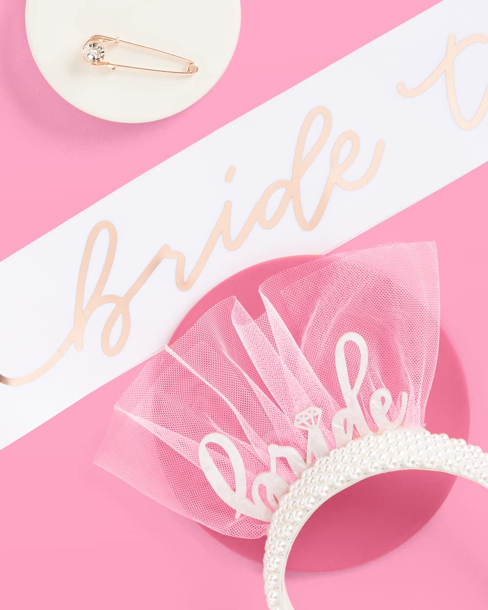 xo, Fetti Bachelorette Party Sash + Bride Headband - White + Rose Gold | Bachelorette Party Decorations Kit - Sash for Bride | Bridal Shower Gift Supplies