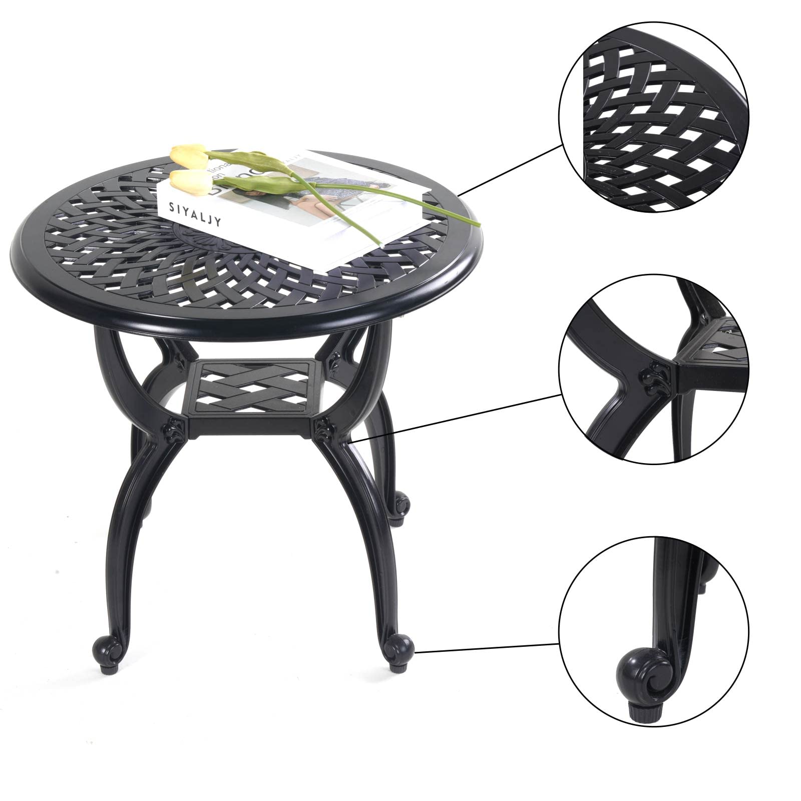 Mandolin Outdoor Patio Table,Rust -Resistant Cast Aluminum Side Table,Weather Resistant End Table，Coffee Table， Perfect for Patio, Backyard Or Garden.W 20.8" X H18.5(Aluminum Round, Black)