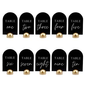 hanna roberts modern cursive table number black card stock half circle signs with round stand for wedding reception, restaurant, event party, 4" x 6" (gold, set of 10, numbers 1-10)