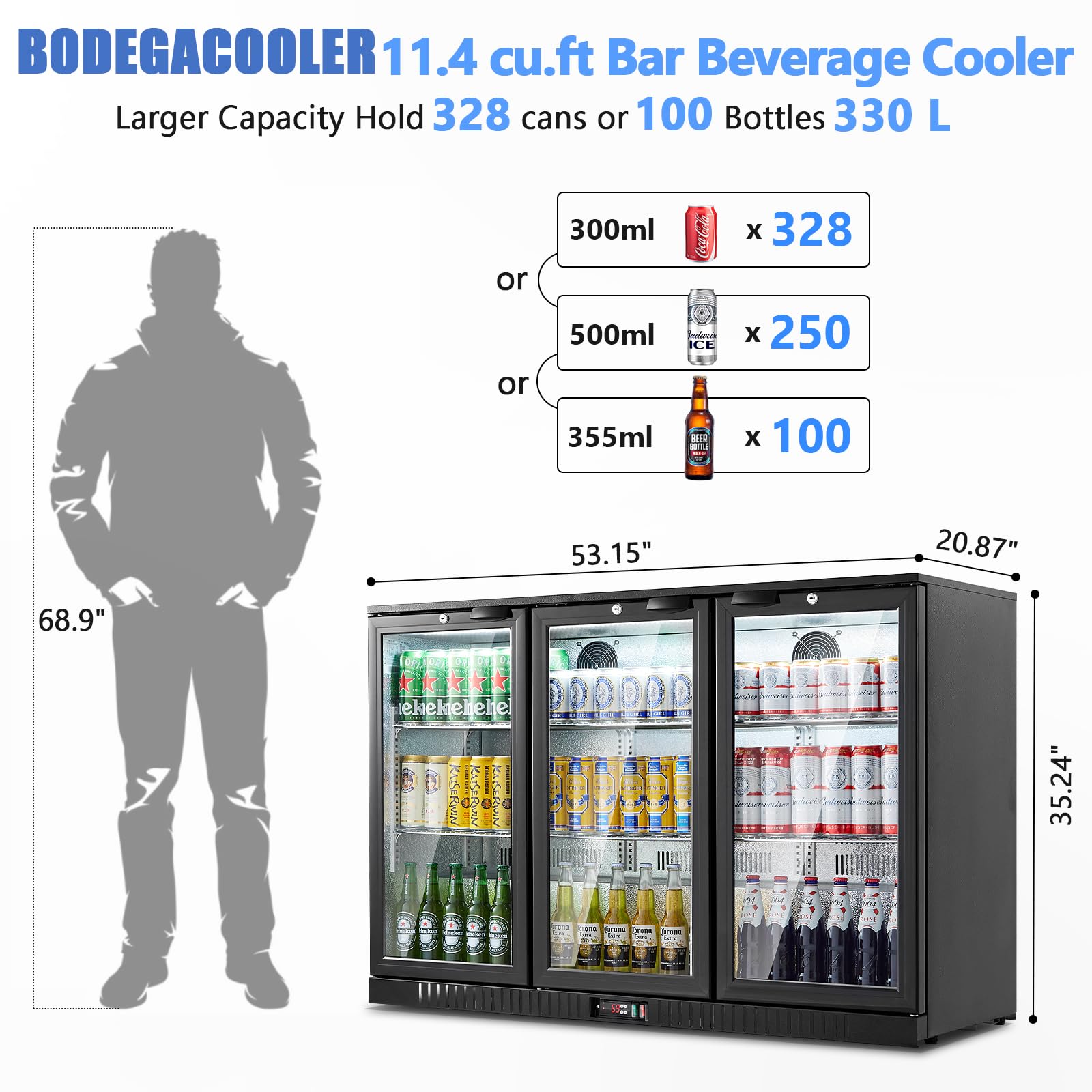 BODEGACOOLER Back Bar Cooler With 3 Glass Doors,Counter Height Beverage Refrigerator,11.4Cu.Ft Commercial Display Bar Fridge with LED Lighting,21 inch Beverage Cooler for Beer,Soda Drinks,Wine