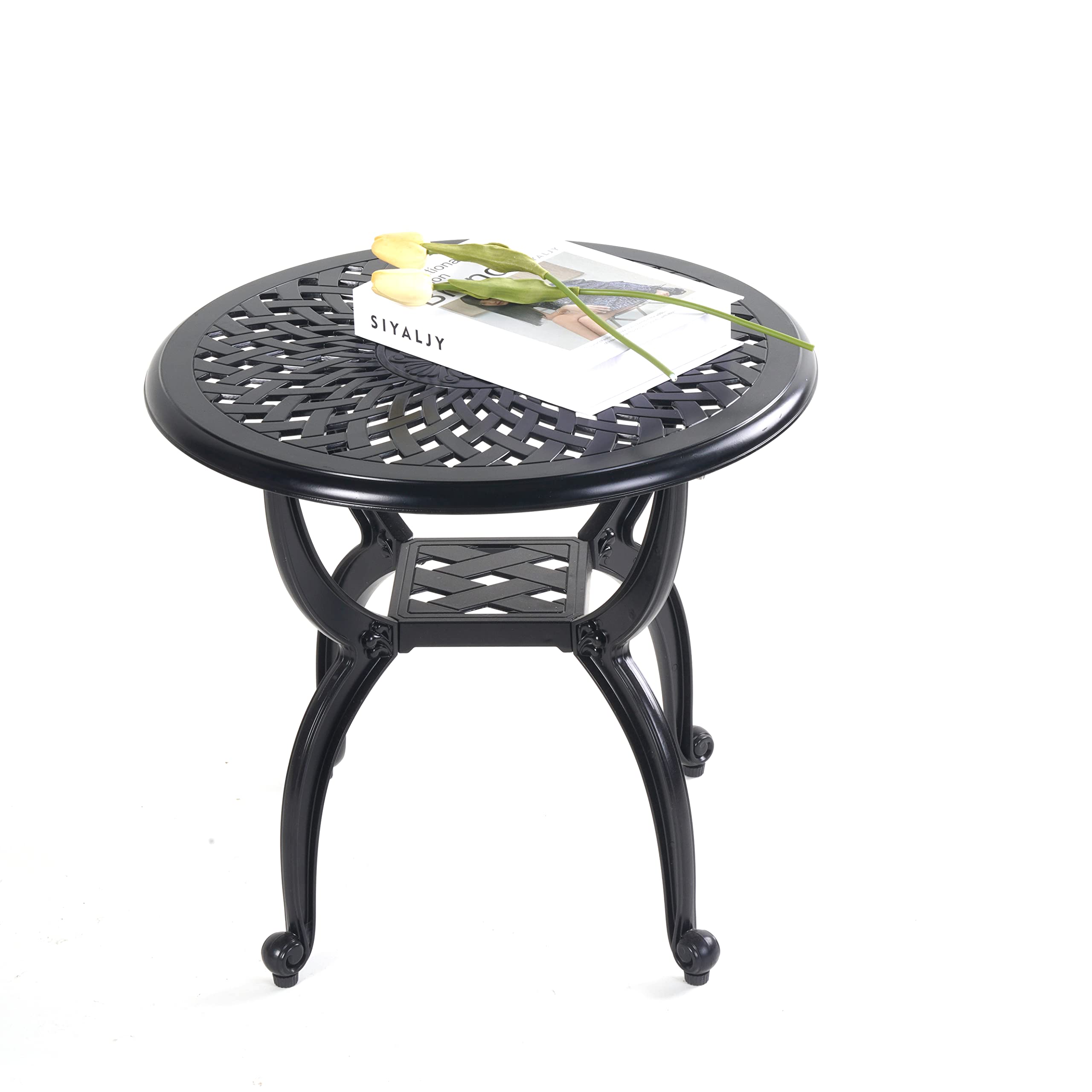 Mandolin Outdoor Patio Table,Rust -Resistant Cast Aluminum Side Table,Weather Resistant End Table，Coffee Table， Perfect for Patio, Backyard Or Garden.W 20.8" X H18.5(Aluminum Round, Black)