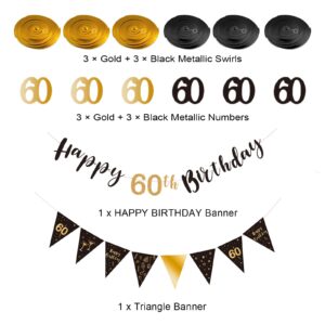 60th Birthday Decoration Kit, Happy 60th Birthday Banner Bunting Swirls Streamers, Triangle Flag Banner for Birthday Party Decorations Supplies Black and Gold 60th