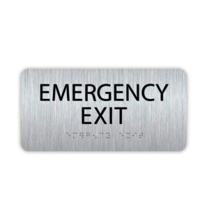 alpha dog ada signs - emergency exit sign with braille for your business, 4x8 inch, ada compliant, indoor or outdoor, easy installation, made in the usa, brushed metal