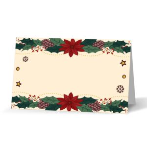 christmas table place cards, xmas seating place cards for tables, holiday party tent cards, food tent labels for christmas party, scored for easy folding, 25 pack(03)