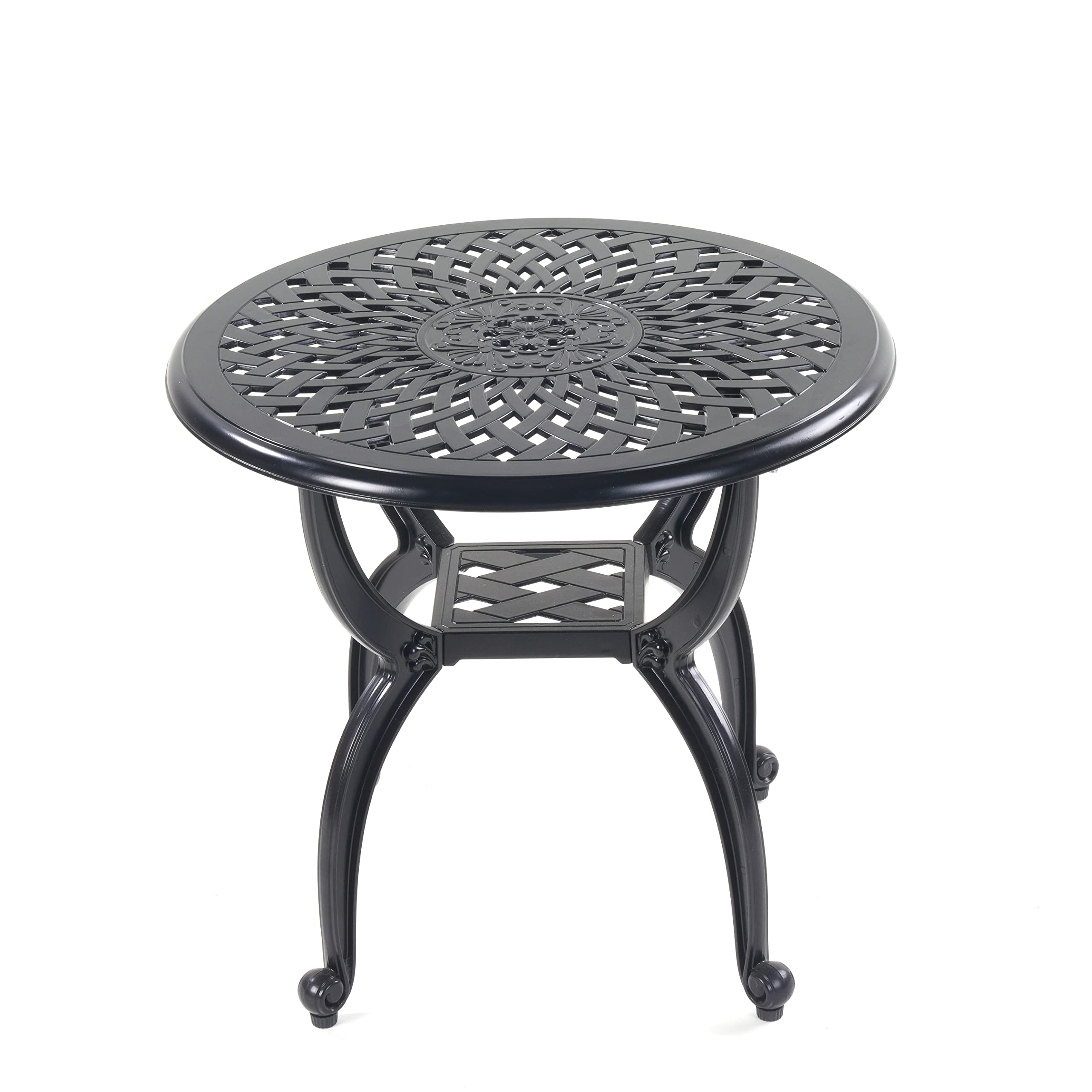 Mandolin Outdoor Patio Table,Rust -Resistant Cast Aluminum Side Table,Weather Resistant End Table，Coffee Table， Perfect for Patio, Backyard Or Garden.W 20.8" X H18.5(Aluminum Round, Black)