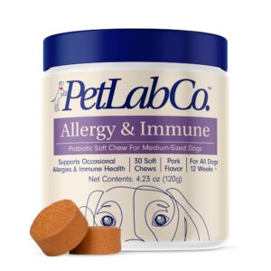 petlab co. allergy & immune daily probiotics for dogs. supports yeast production, seasonal allergies, intermittent itchiness, gut & digestive health for medium size dogs - 30 chews