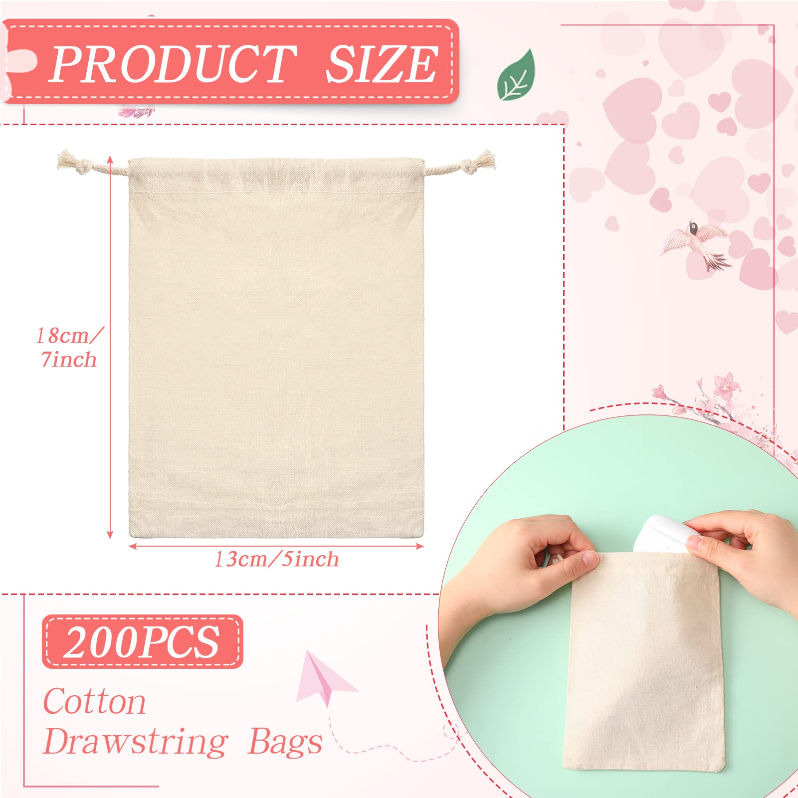 Wesnoy Reusable Cotton Drawstring Bags, 200 Pieces Muslin Bag 5 x 7 Inch for Wedding, DIY Craft, Home Party Supplies, Gift Wrap, Jewelry Pouch