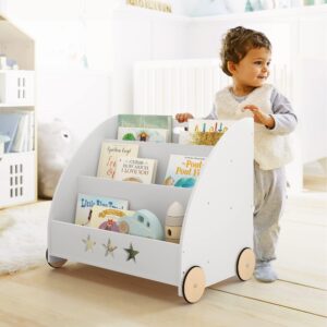 curipeer kids bookshelf and storage, nursery wooden book shelf for kids with wheels, 3-tier baby bookshelf display organizer gift, children bookcase in playroom, nursery, bedroom, white