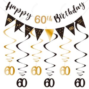 60th birthday decoration kit, happy 60th birthday banner bunting swirls streamers, triangle flag banner for birthday party decorations supplies black and gold 60th