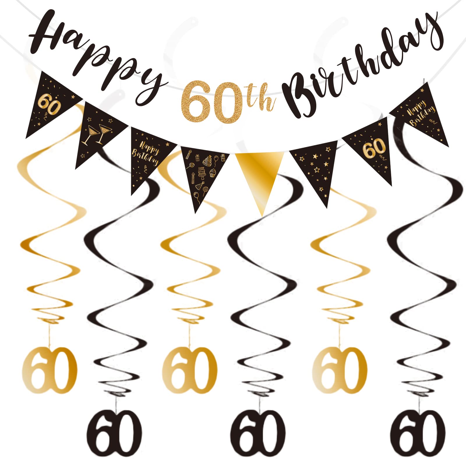 60th Birthday Decoration Kit, Happy 60th Birthday Banner Bunting Swirls Streamers, Triangle Flag Banner for Birthday Party Decorations Supplies Black and Gold 60th