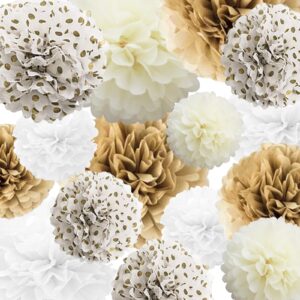 tissue paper pompoms paper flower 22 pcs khaki ,beige, white paper flower ball for birthday bachelorette wedding baby shower gender reveal bridal shower party decoration