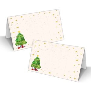 christmas table place cards, xmas blank seating place card for table, 25 pack buffet food tent labels, double design name cards, scored for easy folding, christmas party decorations(09)