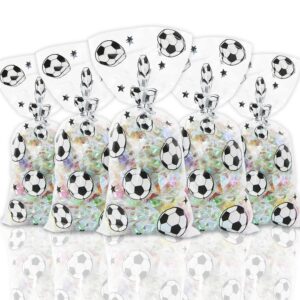 100 pieces soccer goodie bags, football treat bags party favors clear candy cello bags with sliver twist ties, football birthday party supplies for boys kids team gift snack bags