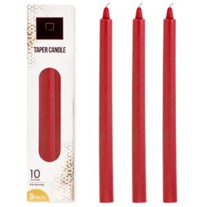 decorrack 3 red taper candles, 10 inch, unscented long lasting and smokeless, premium quality dinner candles ideal for weddings, party, and home decor (3 candles)