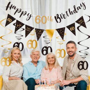 60th Birthday Decoration Kit, Happy 60th Birthday Banner Bunting Swirls Streamers, Triangle Flag Banner for Birthday Party Decorations Supplies Black and Gold 60th