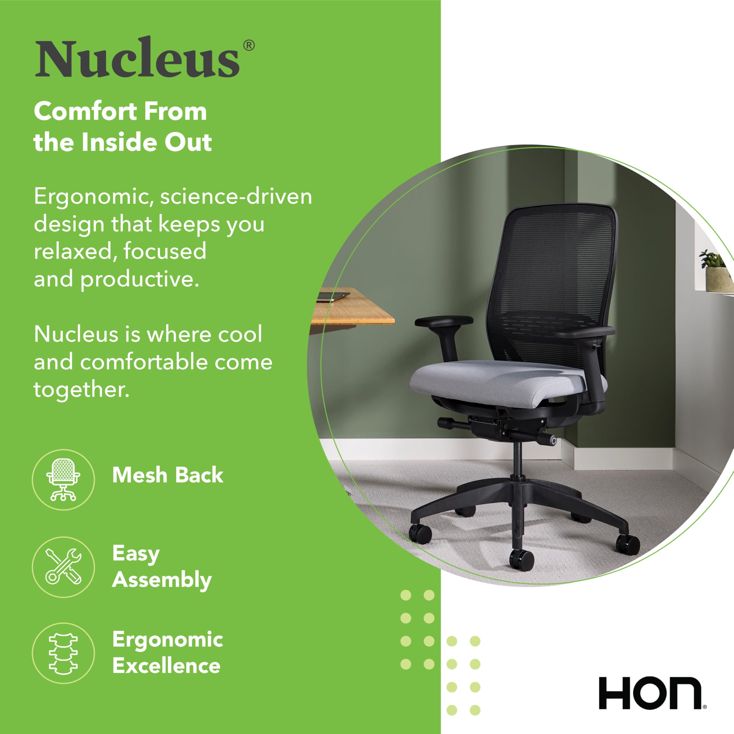 HON Nucleus Black Office Chair Ergonomic Suspended Seat Mesh Back Computer Desk Chair for Home Office, Task Work - Synchro-Tilt Recline, Swivel Wheels, Adjustable Lumbar Support & Armrests