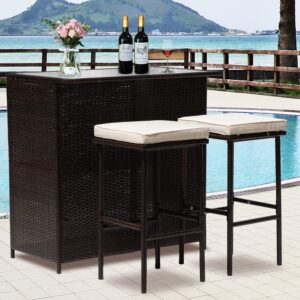 3-piece patio bar set outdoor wicker bar set all-weather rattan bar table set outdoor furniture set w/2 stools, glass top table and 2 thick cushion for patios backyards porches gardens poolside, khaki