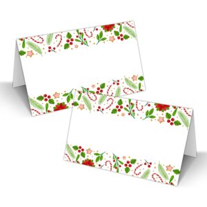 christmas table place cards, xmas blank seating place card for table, 25 pack buffet food tent labels, double design name cards, scored for easy folding, christmas party decorations(10)