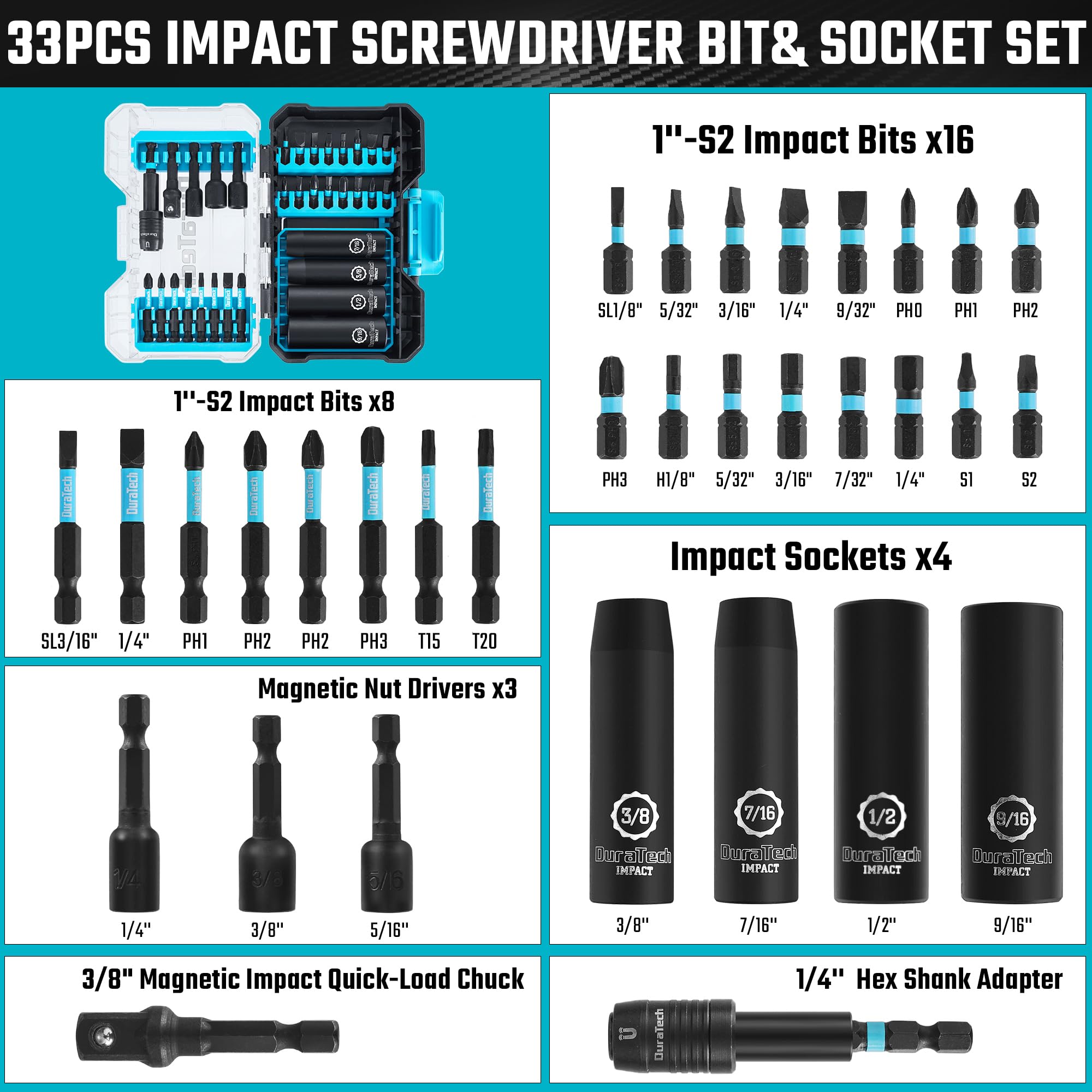 DURATECH 33-Piece Impact Screwdriver Bit Socket Set, CRV/S2 Screwdriving Bits with Quick Fit Tough Case for Screwdriving Applications