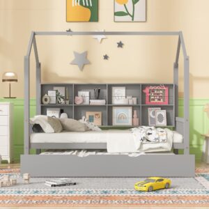 twin house bed with trundle, kids twin platform bed frame with storage shelves and roof, montessori bed, tent bed, wood playhouse bed twin for kids teens girls & boys (twin, gray)