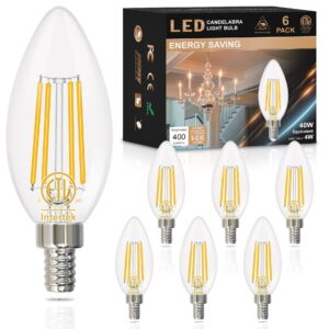 hansang e12 led candelabra bulb 2700k warm white, 40w equivalent type b light bulbs, 4w candle shape b11 led bulb for chandelier, led filament with clear glass, 120v, 400lm, 6 pack, non-dimmable