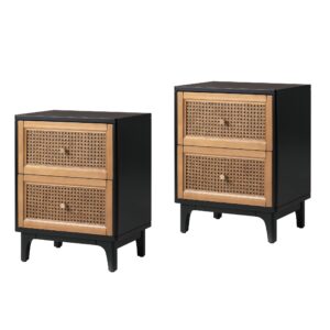 cozayh set of 2 fully-assembled 2-drawer woven cane front accent nightstand with brass knobs, black