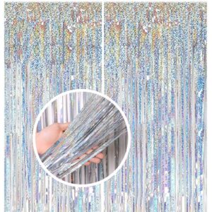 capesaro metallic tinsel foil fringe curtains,3.2 ft x 8.2 ft shimmer curtain streamers party photo backdrop for birthday wedding party baby shower decorations(silver,pack of 4)