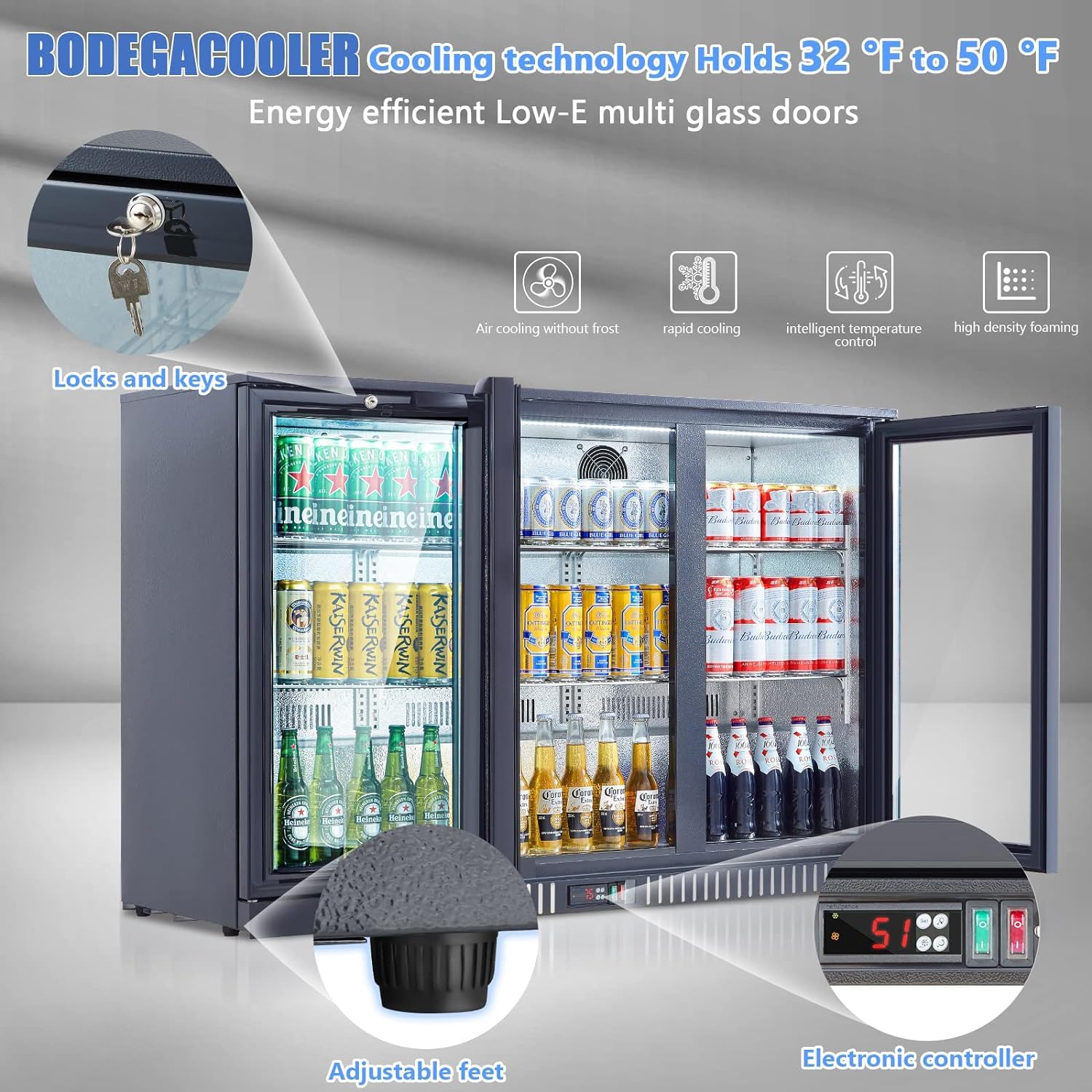 BODEGACOOLER Back Bar Cooler With 3 Glass Doors,Counter Height Beverage Refrigerator,11.4Cu.Ft Commercial Display Bar Fridge with LED Lighting,21 inch Beverage Cooler for Beer,Soda Drinks,Wine