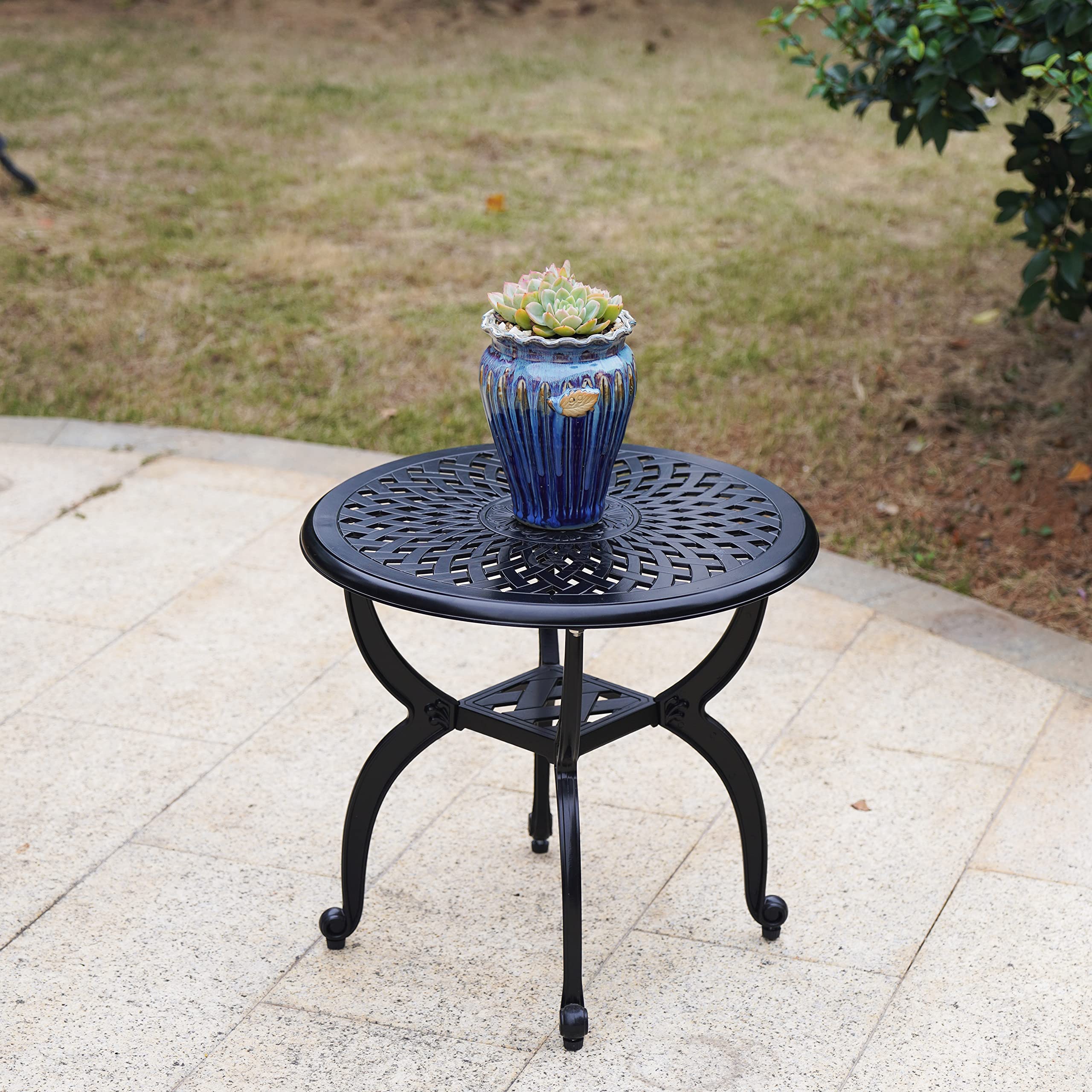 Mandolin Outdoor Patio Table,Rust -Resistant Cast Aluminum Side Table,Weather Resistant End Table，Coffee Table， Perfect for Patio, Backyard Or Garden.W 20.8" X H18.5(Aluminum Round, Black)