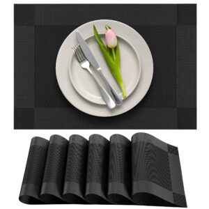 more décor dining table placemats, washable heat-resistant pvc vinyl table mats for dining room and kitchen, anti-slip - set of 6 -black