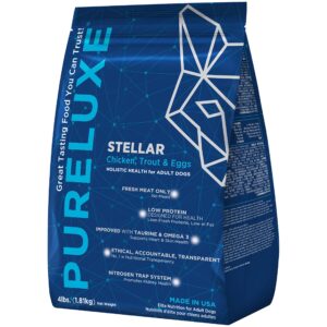 pureluxe grain and gluten free dog food, stellar elite nutrition, chicken, trout, and eggs, for adult and senior dogs, made in the usa, 4lbs