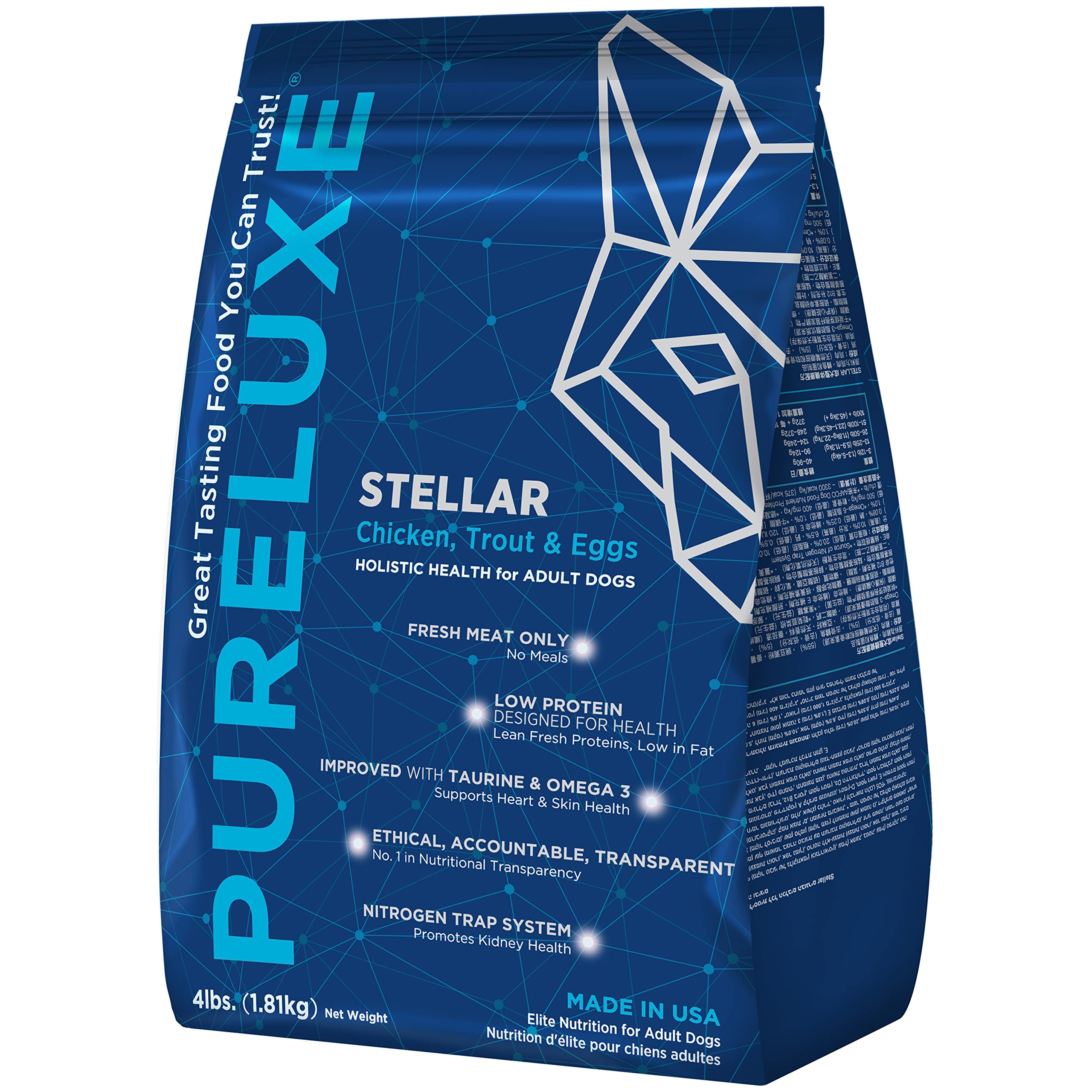 PURELUXE Grain and Gluten Free Dog Food, Stellar Elite Nutrition, Chicken, Trout, and Eggs, for Adult and Senior Dogs, Made in The USA, 4lbs