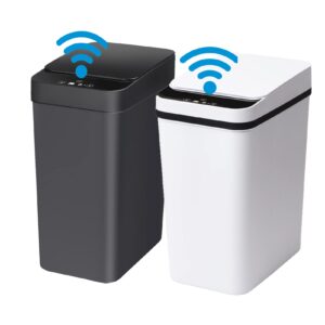 anborry 2 pack bathroom touchless trash can 2.5 gallon smart automatic motion sensor rubbish can with lid waterproof narrow small garbage bin for kitchen, office, living room, bedroom(black+white)