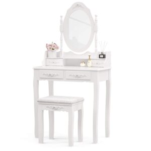 alohappy makeup vanity set with mirror & stool for girls, vanity table and cushioned stool set with 4 drawers, wood dressing table for bedroom