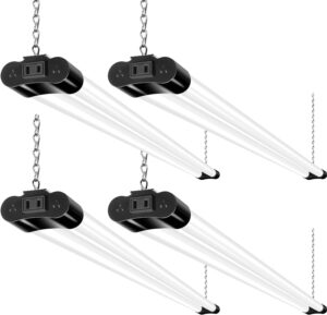 hykolity 4 pack linkable led shop light, 4ft 44w [300w equivalent], 4600lm, 5000k daylight, plug-in utility light fixture, hanging or surface mount, black - energy efficient lighting solution