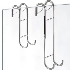 shower door towel hooks - 9"~13" length adjustable hook for framed & frameless over the door glass, squeegee holder, towels hanger for bath suits rozer robes loofahs shavers, 2-pack silver