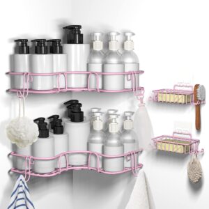 tonlea corner shower caddy, shower organizer for bathroom, 4-pack rustproof corner shower shelves with soap dish and 4 hooks for bathroom storage, adhesive or drilling kitchen organization, pink